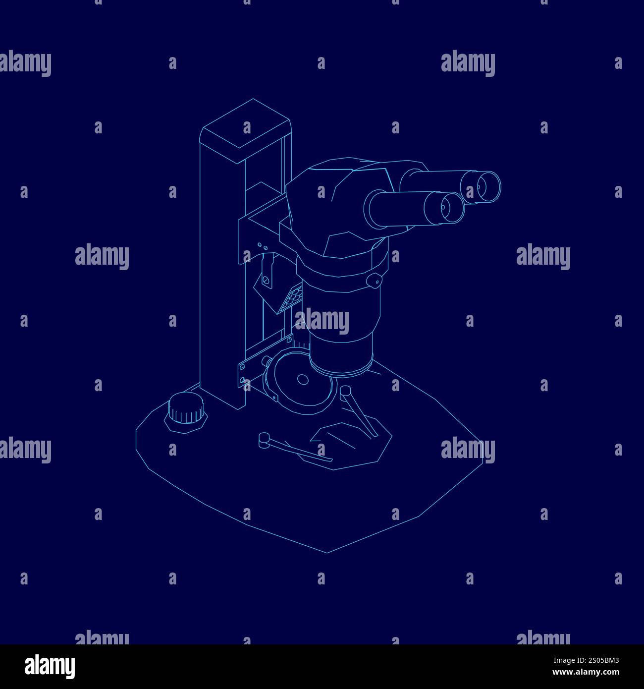 Blue drawing of a microscope with a blue outline. The drawing is of a ...