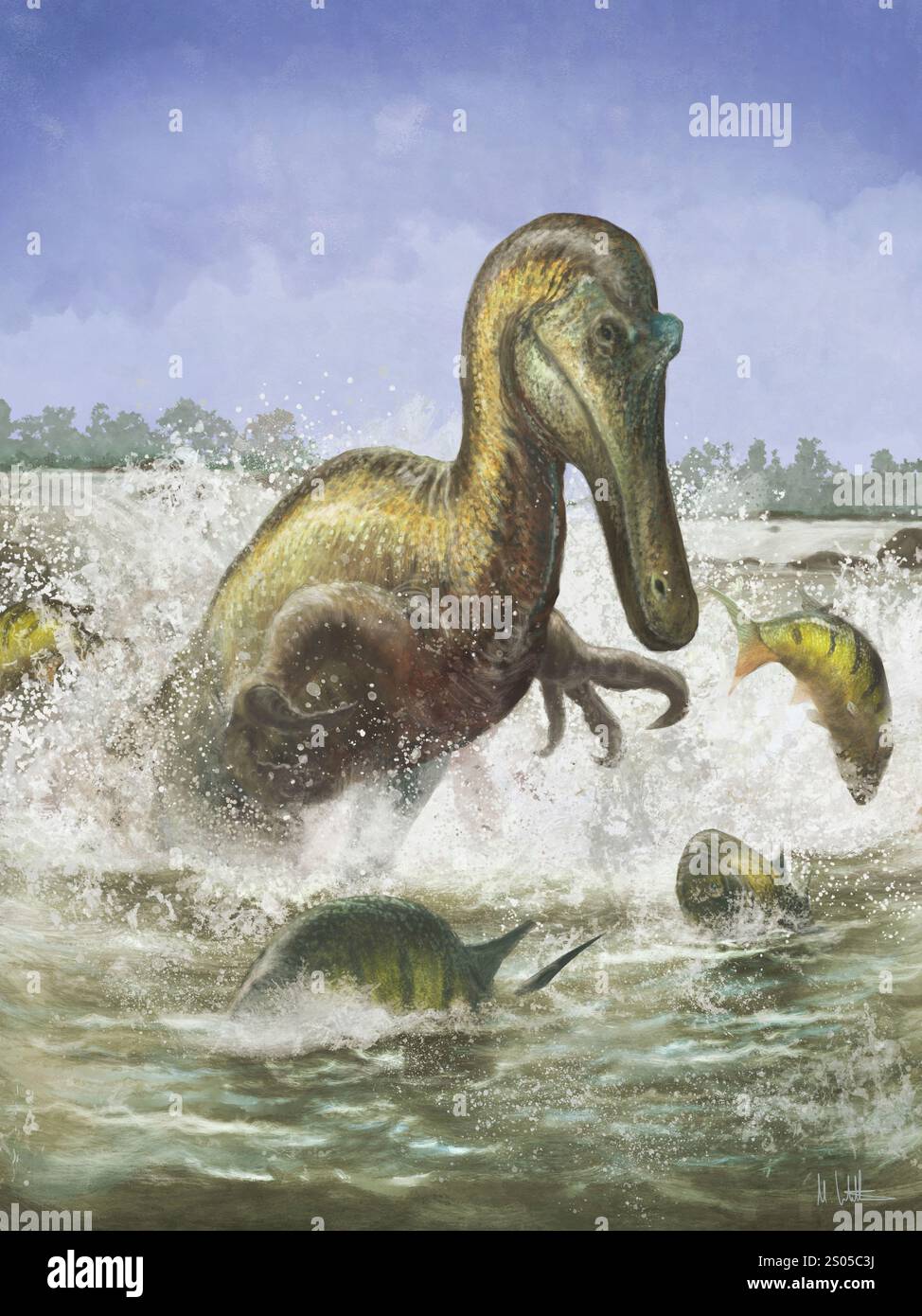 Illustration of a Baryonyx dinosaur fishing. Baryonyx was a fish-eating ...