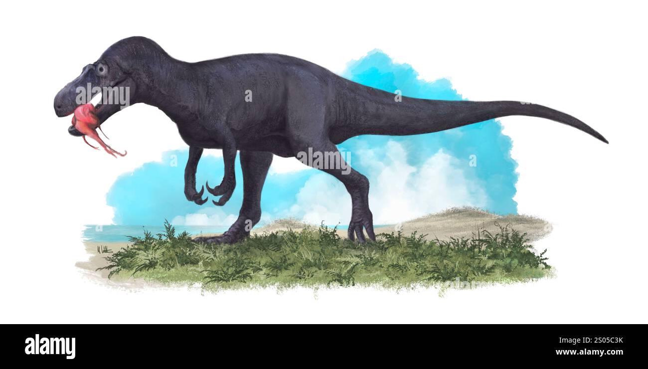Illustration of a Dryptosaurus dinosaur feeding. This carnivorous ...