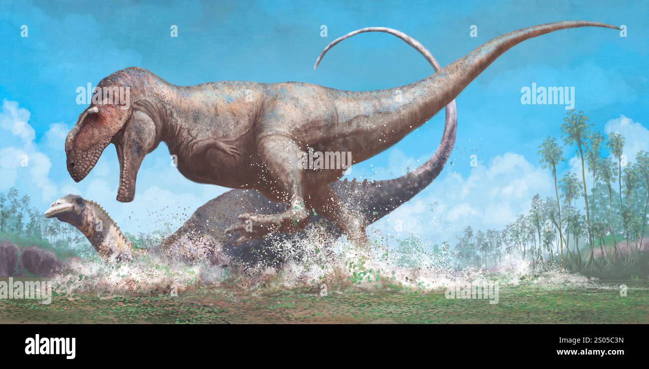Illustration of a Carcharodontosaurus saharicus dinosaur with prey ...