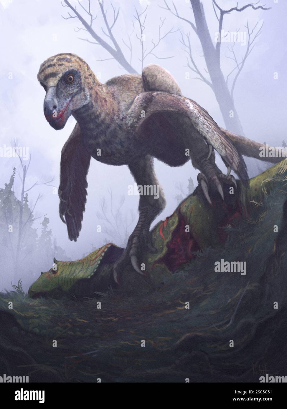 Illustration of a Dromaeosaurus dinosaur with its juvenile Chasmosaurus ...