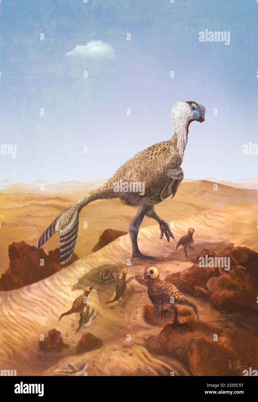 Illustration of an Oviraptor dinosaur with young. This emu-sized bird ...