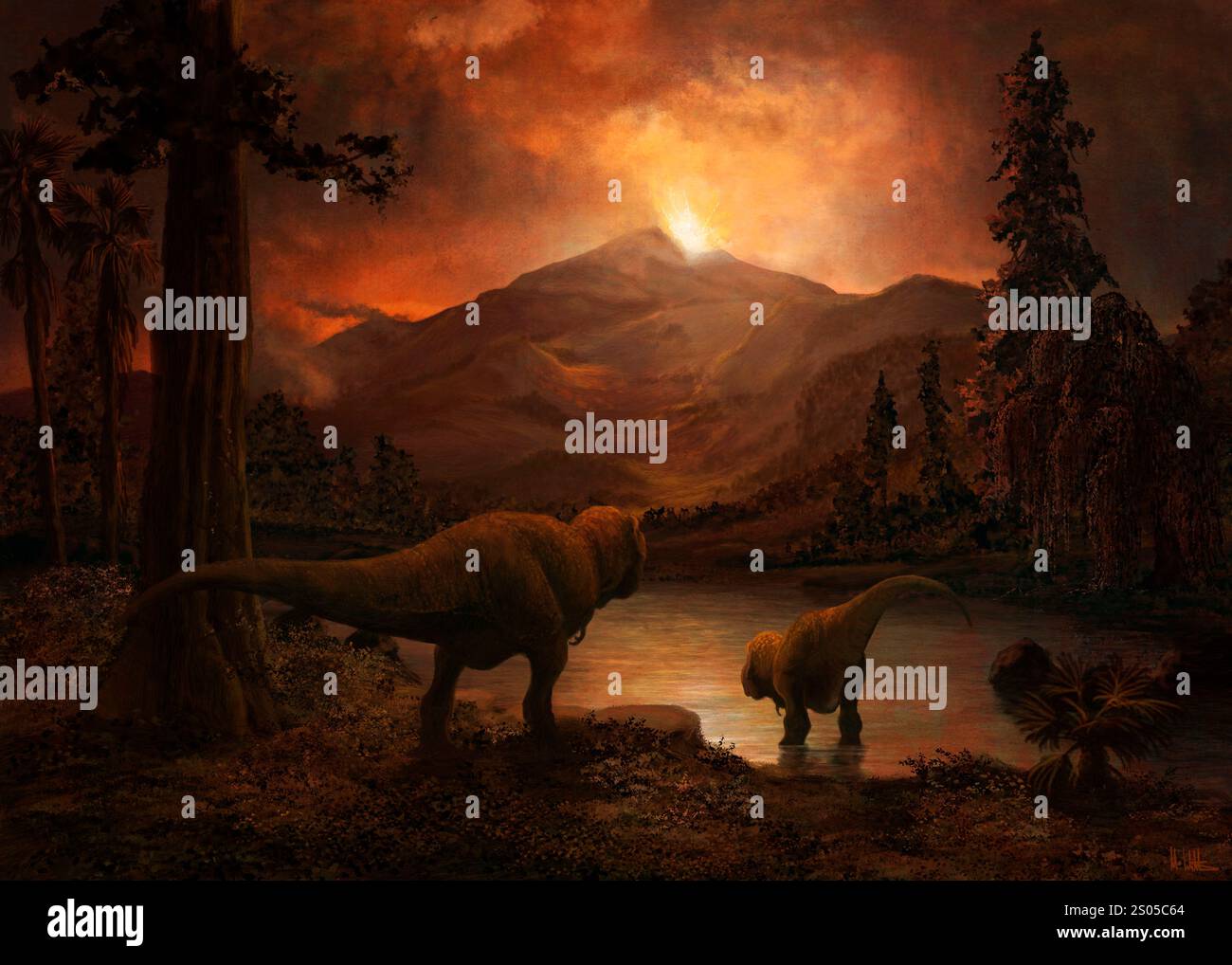 Illustration of Tyrannosaurus rex dinosaurs near an erupting volcano ...