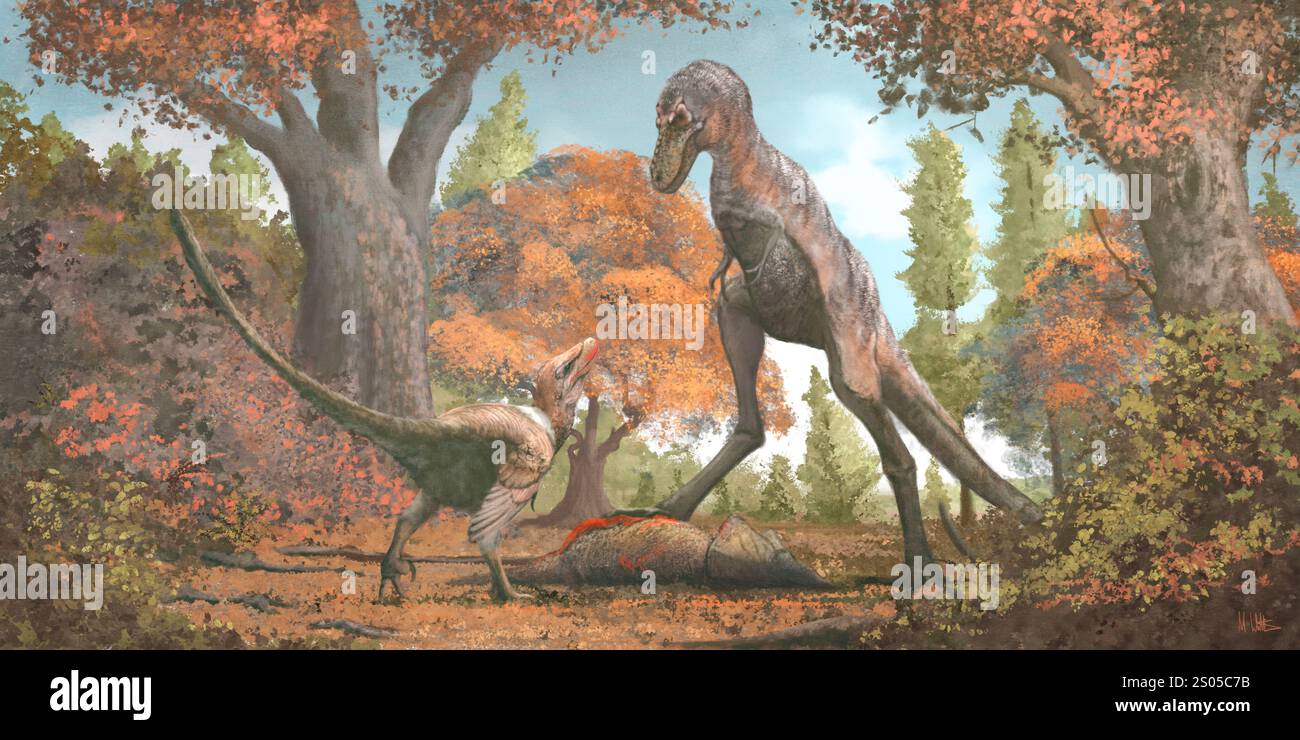 Illustration of a Tyrannosaurus rex stealing prey from an Acheroraptor ...