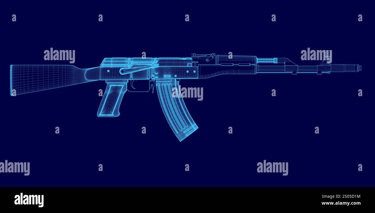 Blue image of a gun. The gun is a AK-47. The image is a computer ...