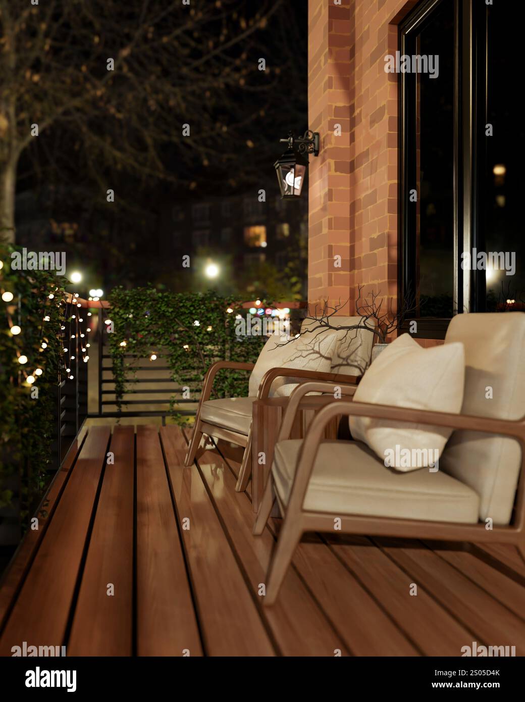 The exterior of a rustic brick outdoor balcony at night designed for ...
