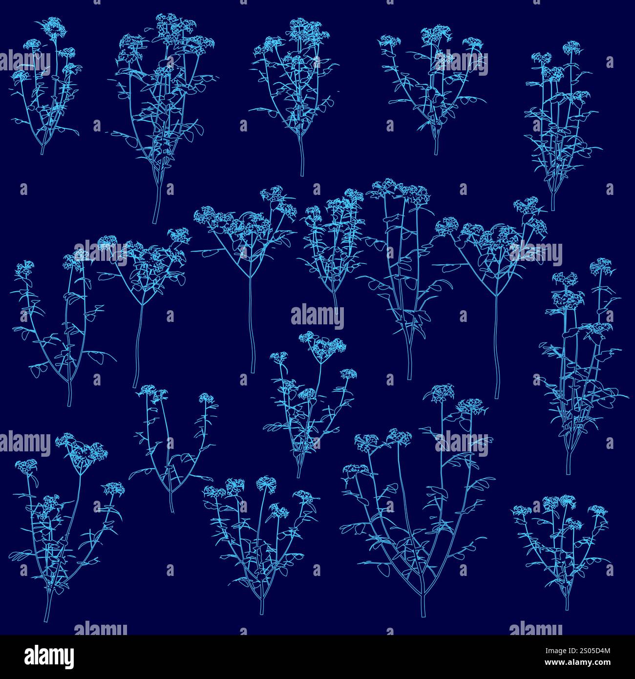 Blue background with a bunch of flowers in various sizes and positions ...