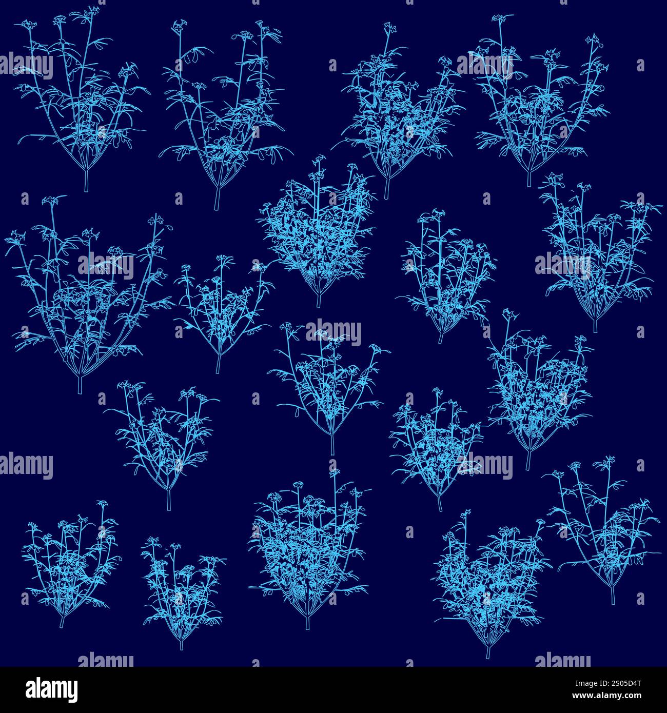 Blue background with a bunch of trees in different sizes and shapes ...