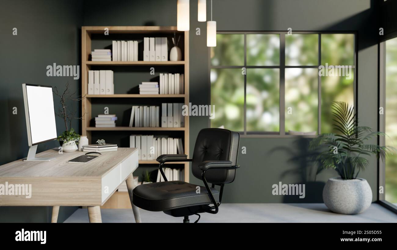 The interior design of a modern dark green office workspace featuring a ...