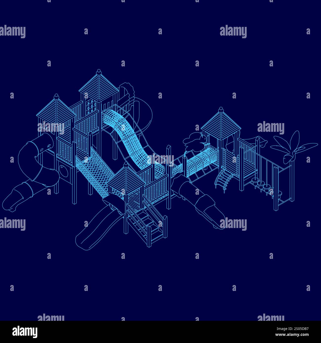 Blue drawing of a playground with a slide and a jungle gym. The ...