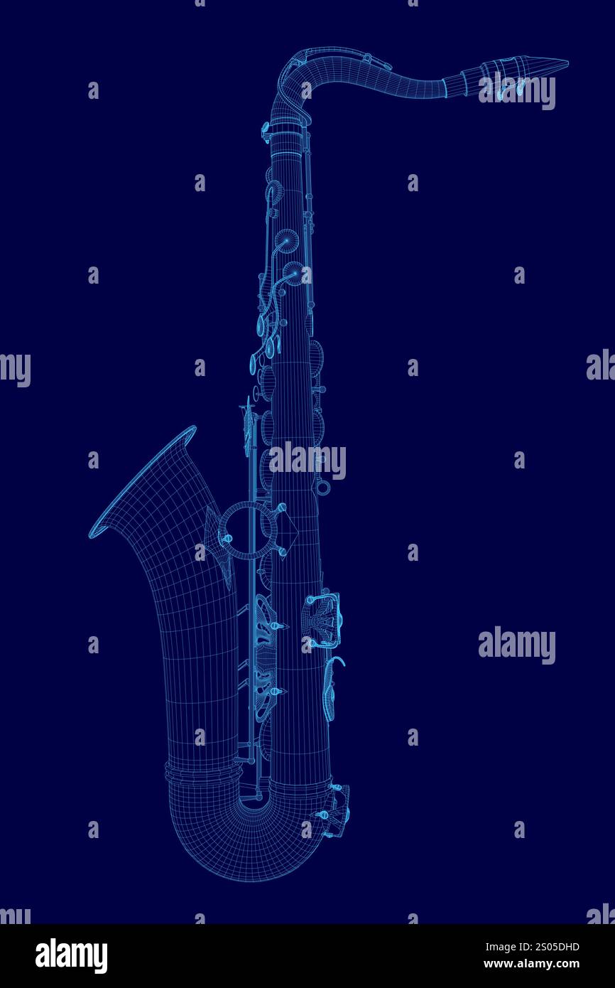Blue image of a saxophone. The image is a stylized drawing of a ...