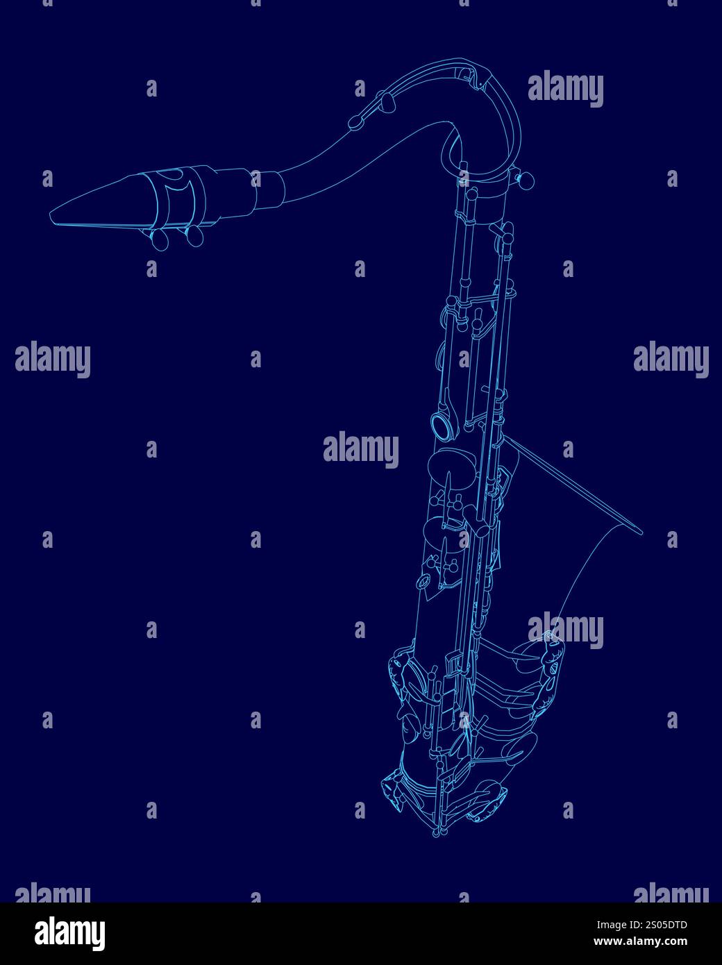 Blue drawing of a saxophone. The saxophone is shown in a stylized way ...