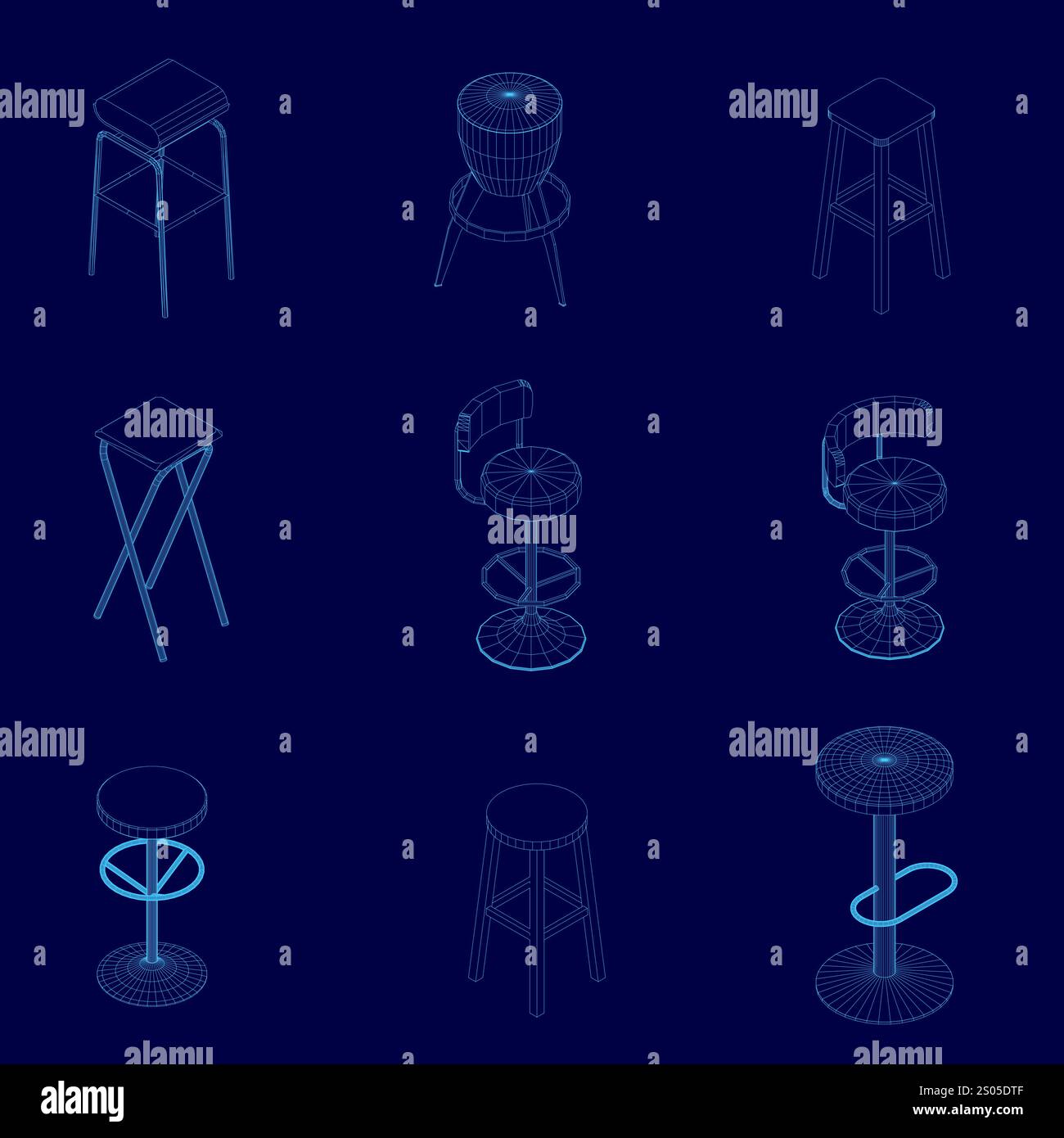 Series of blue chairs are shown in different positions. The chairs are ...