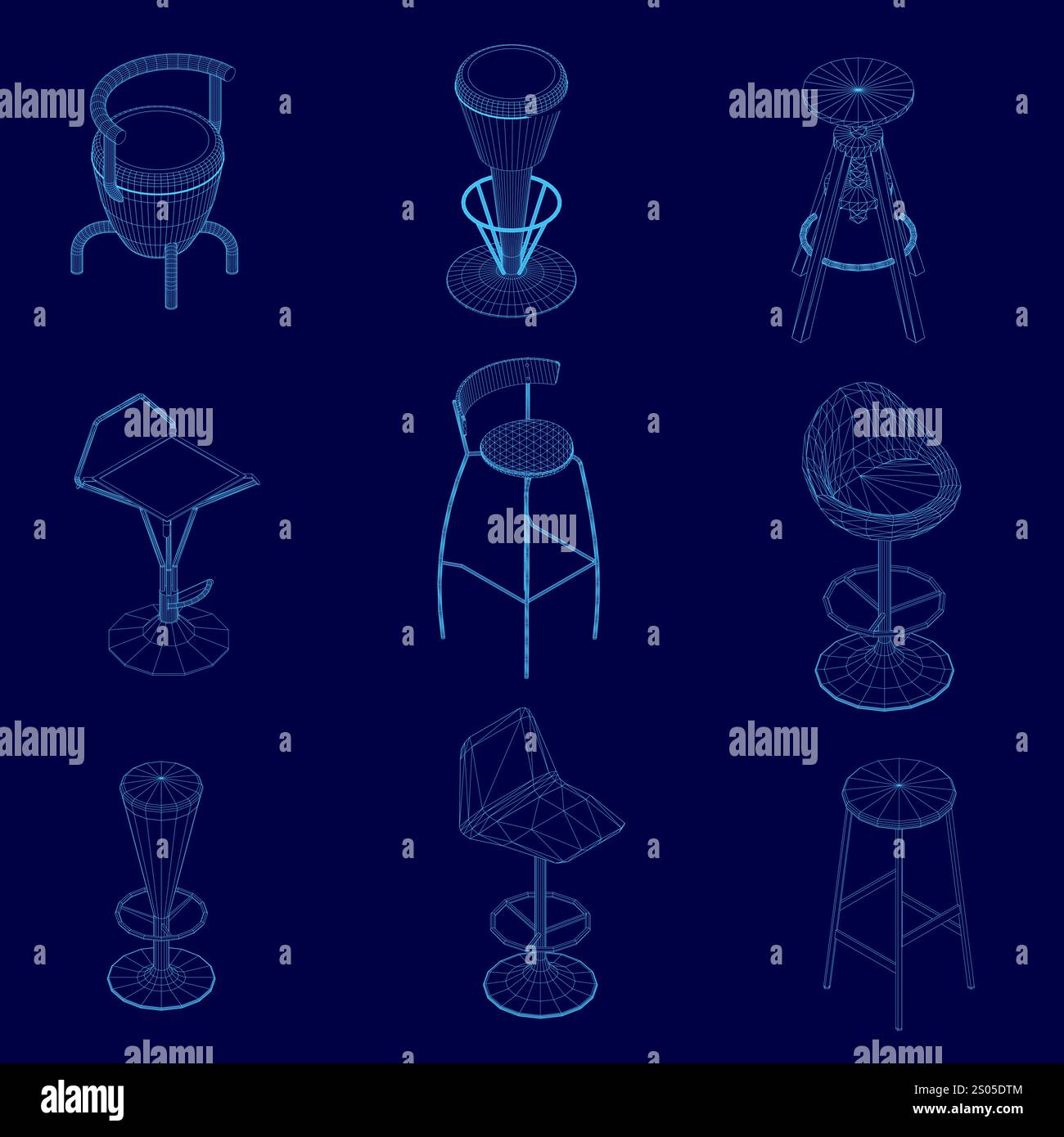 Collection of blue chairs and stools are shown in various positions ...