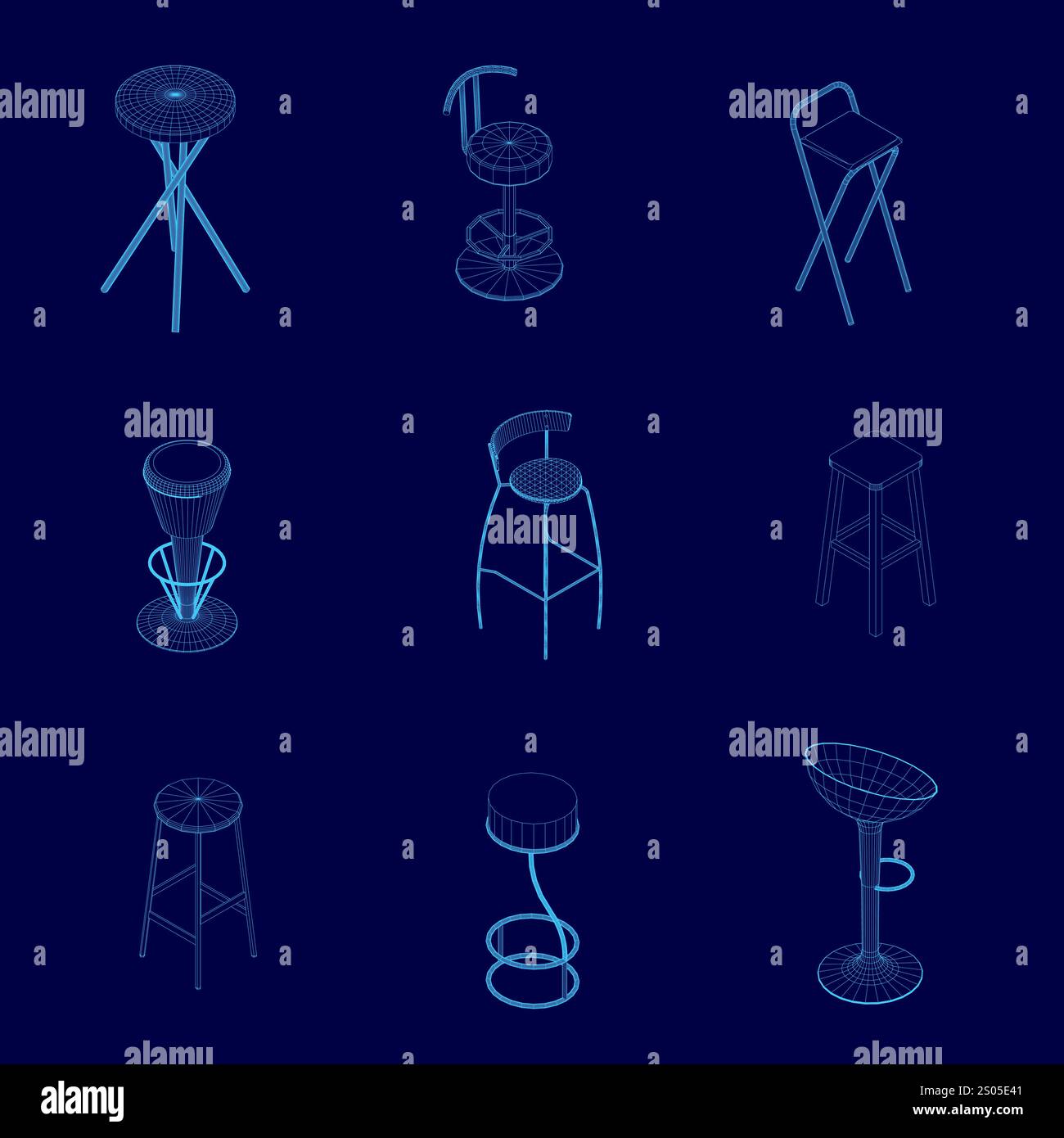 Collection of blue chairs and stools are shown in a blue background ...