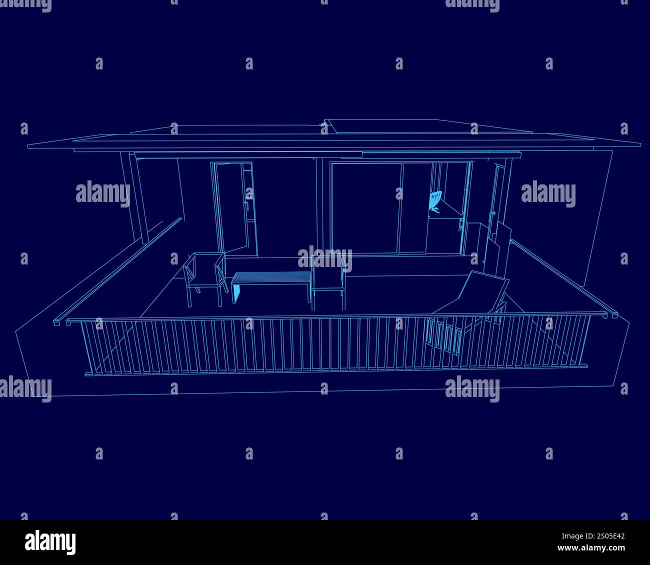 Blue drawing of a room with a couch and a chair. The room is empty and ...