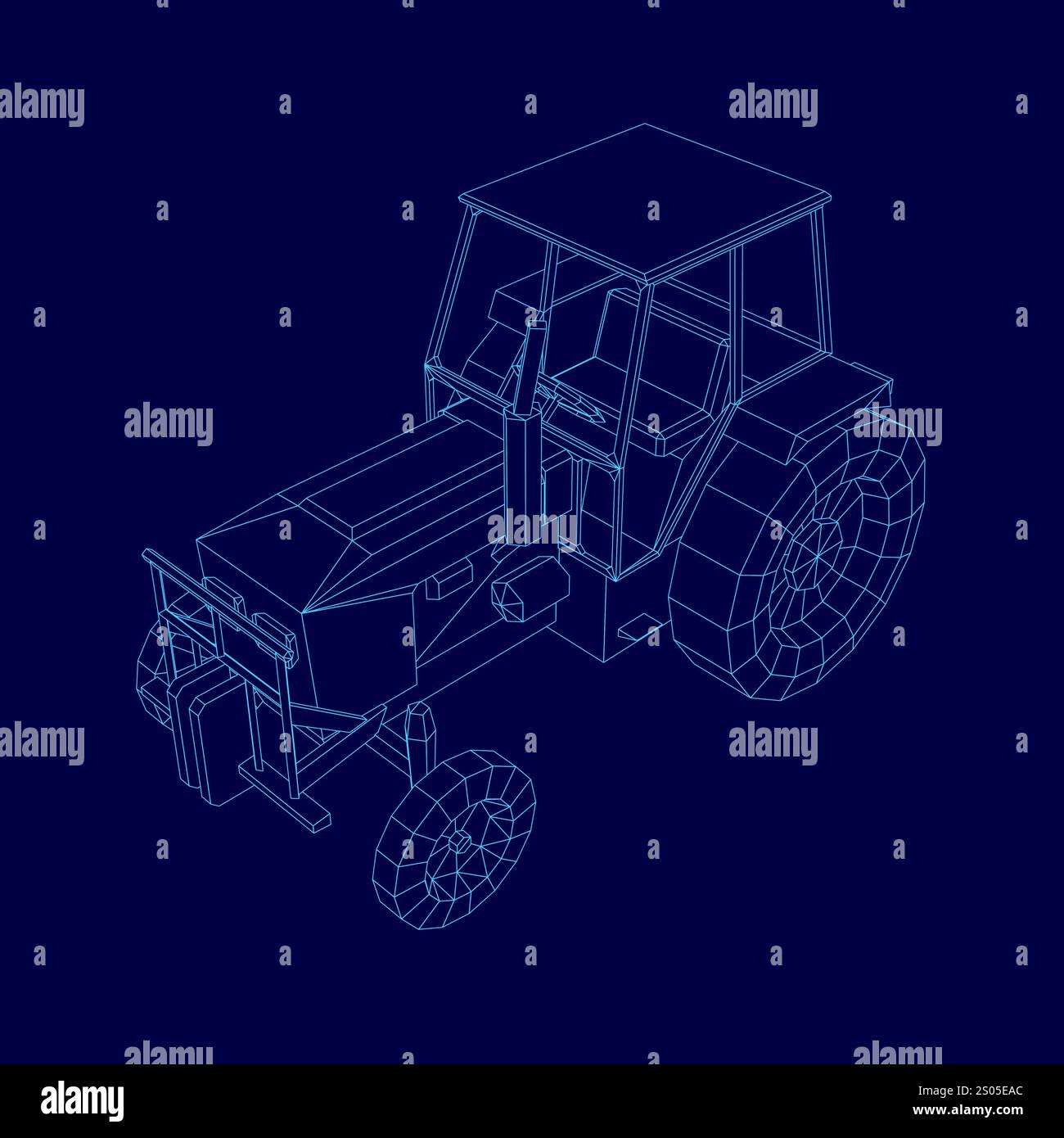 Blue tractor is displayed on a blue background. The tractor is a 3D ...