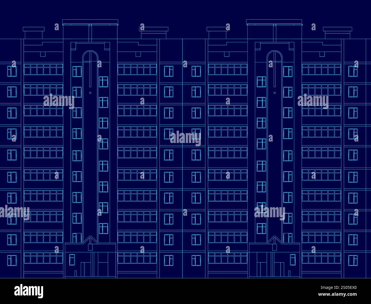 The image is a blue and white drawing of a cityscape with tall ...