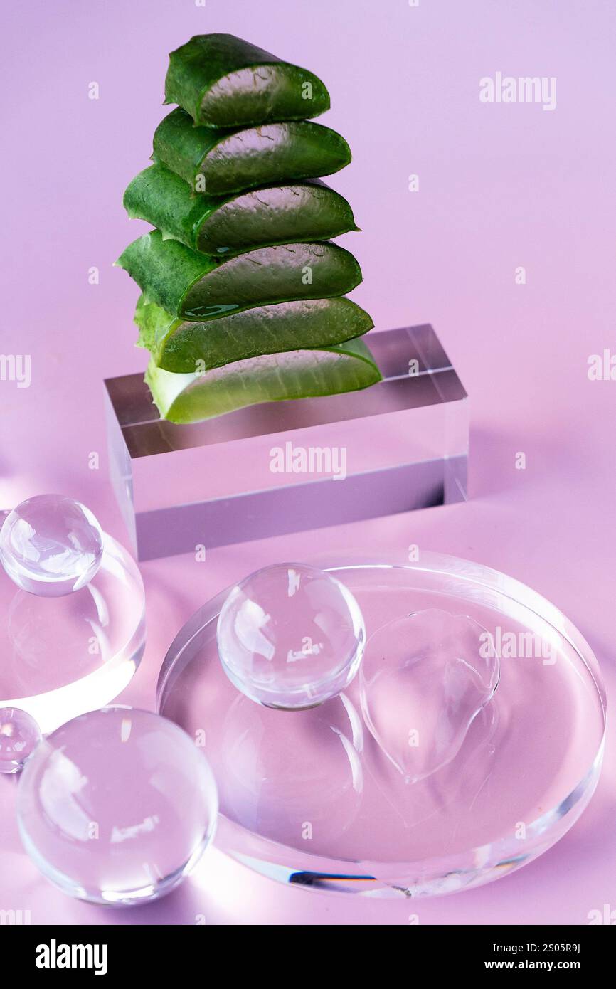 Fresh aloe slices arranged artfully enhance a serene beauty spa setting ...