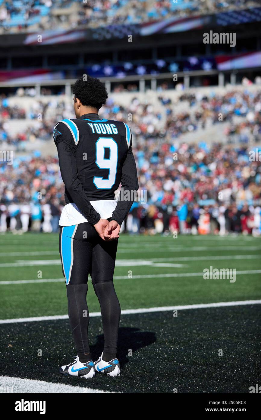 Carolina Panthers quarterback Bryce Young (9) stands in the end zone ...