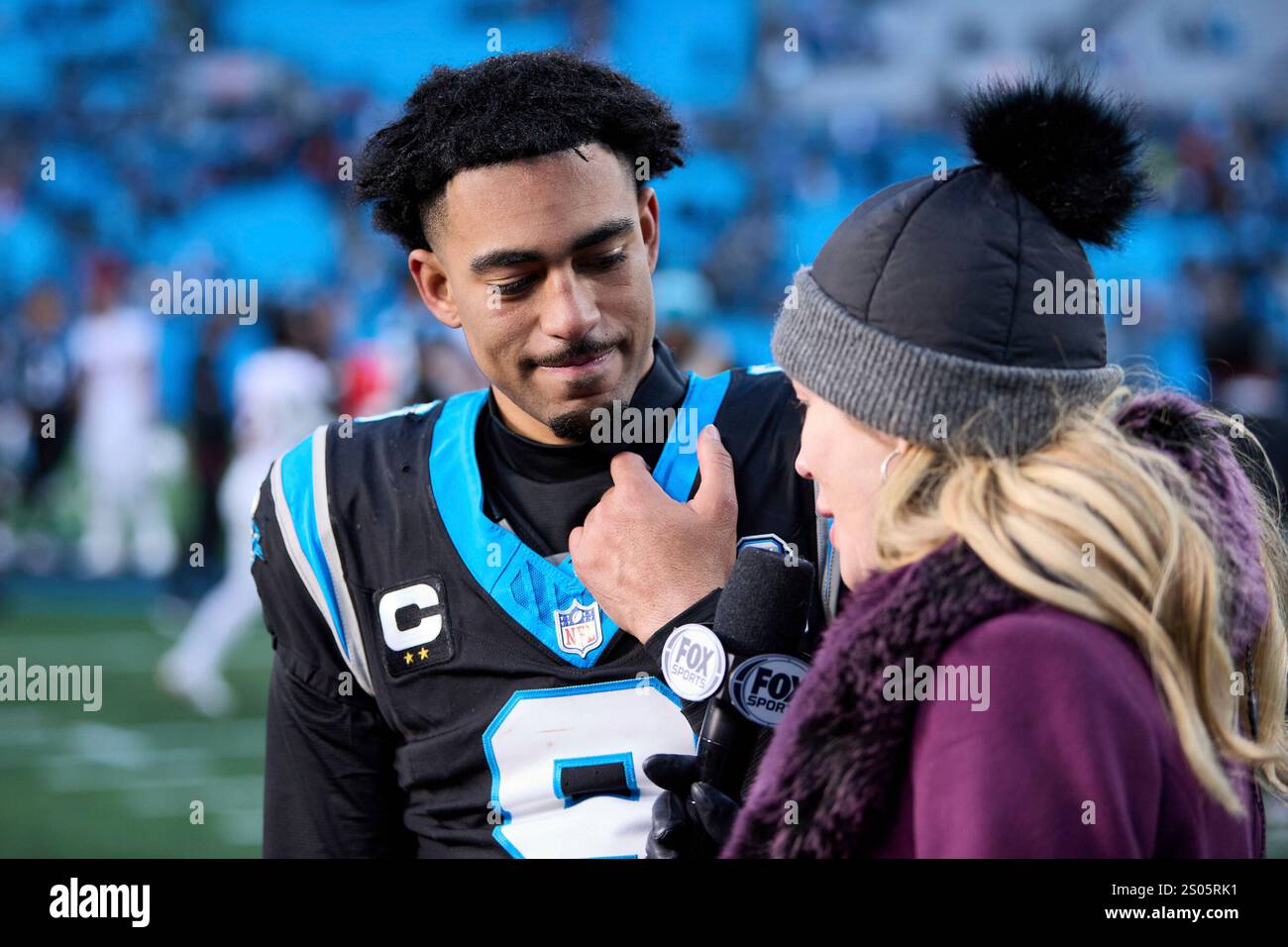 Carolina Panthers quarterback Bryce Young (9) is interviewed by Fox NFL ...