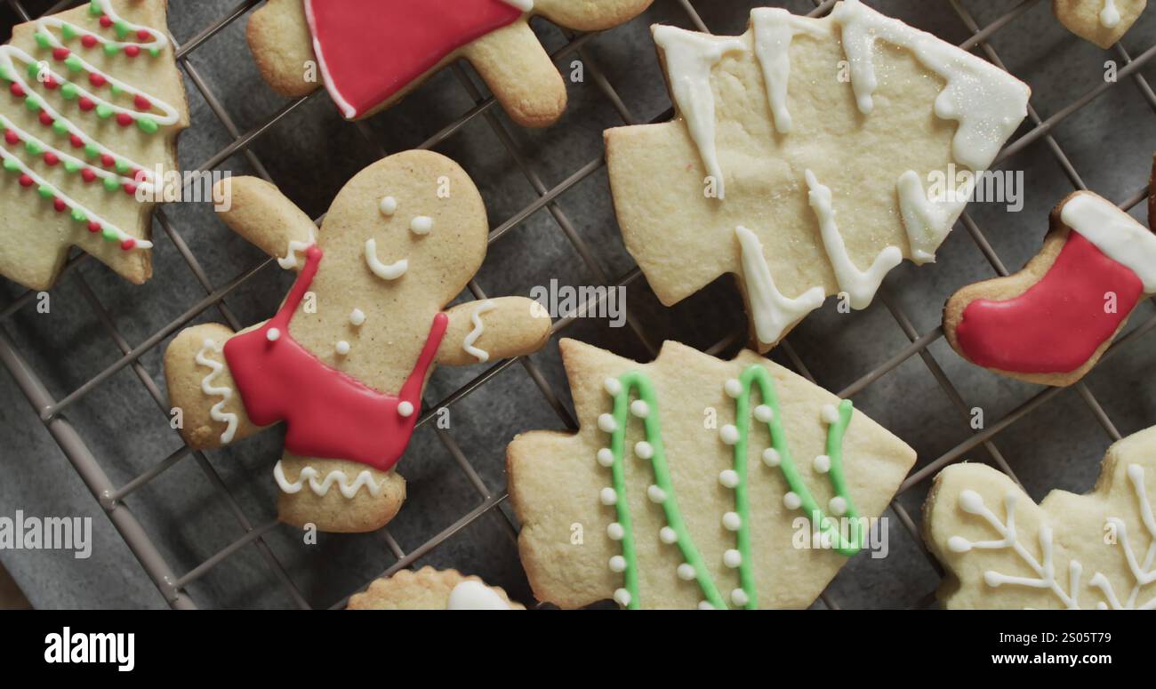 Homemade Christmas cookies cooling on a wire rack, with copy space ...