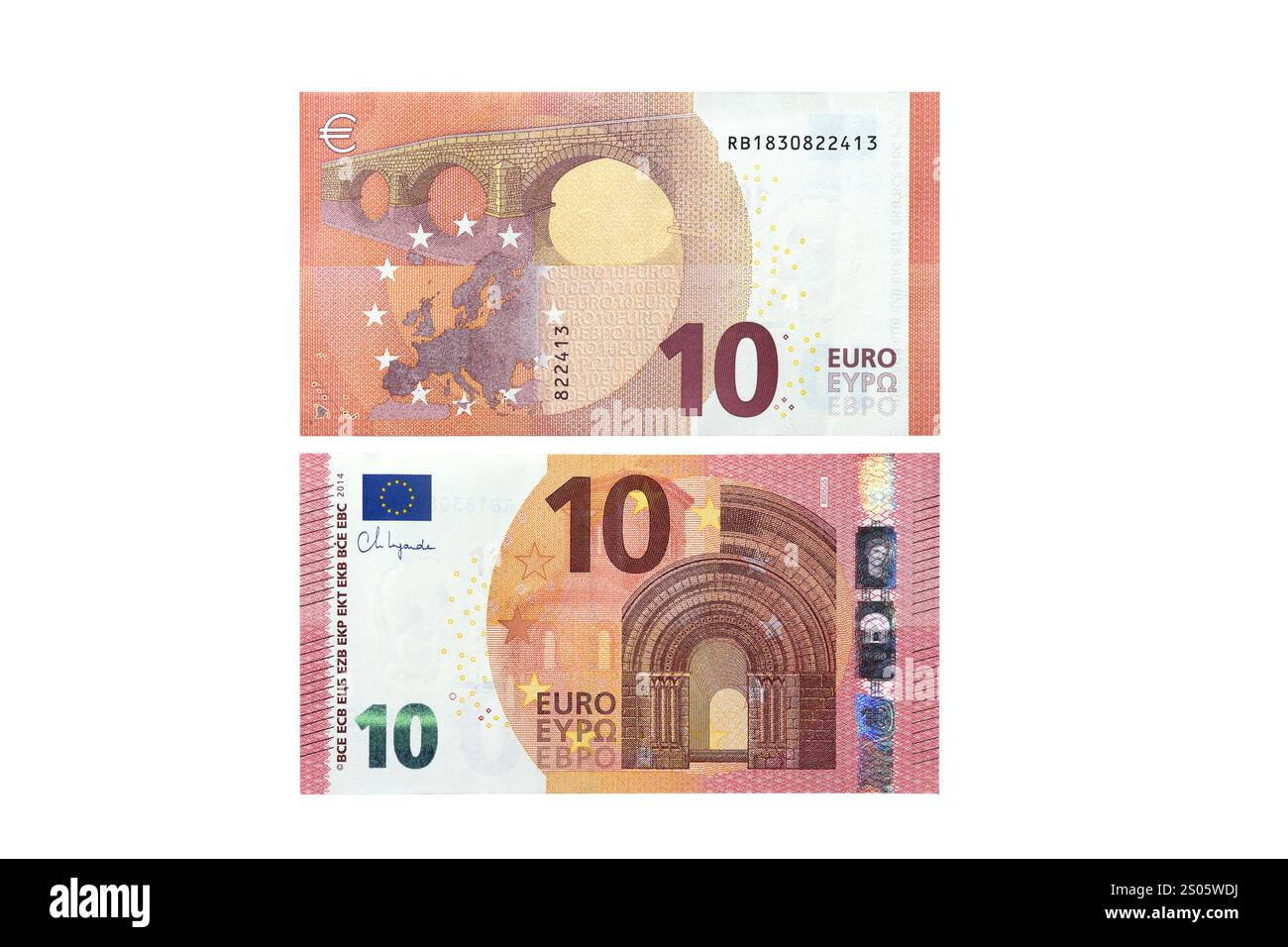 Top view of two sides of ten euro banknote cash isolated over white ...