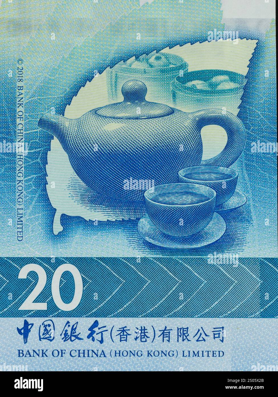 Portrait of teapot with cup from Hong Kong 20 dollar bank of China ...