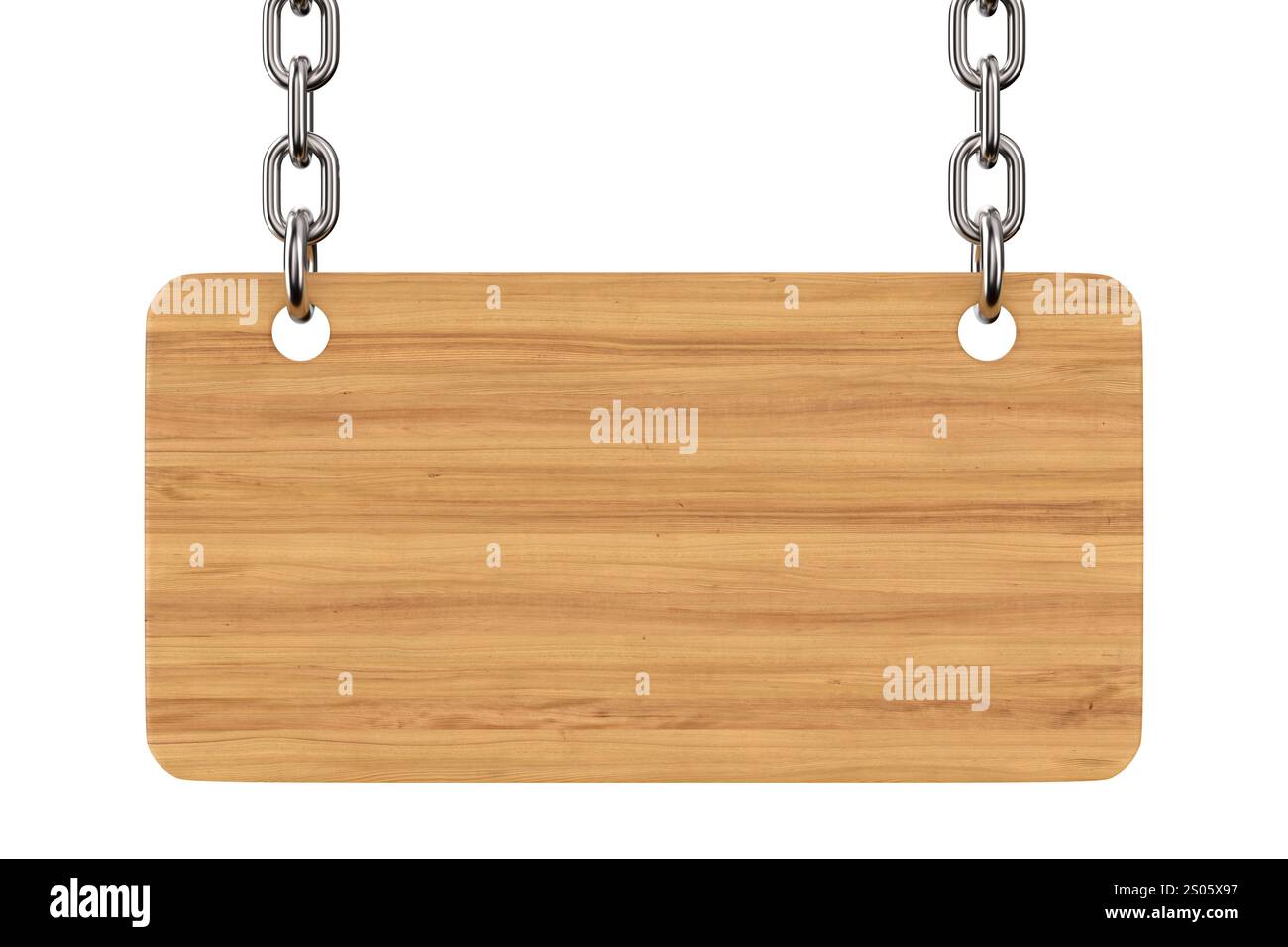 Wooden signboard hanging from chains on white background. Isolated 3D ...