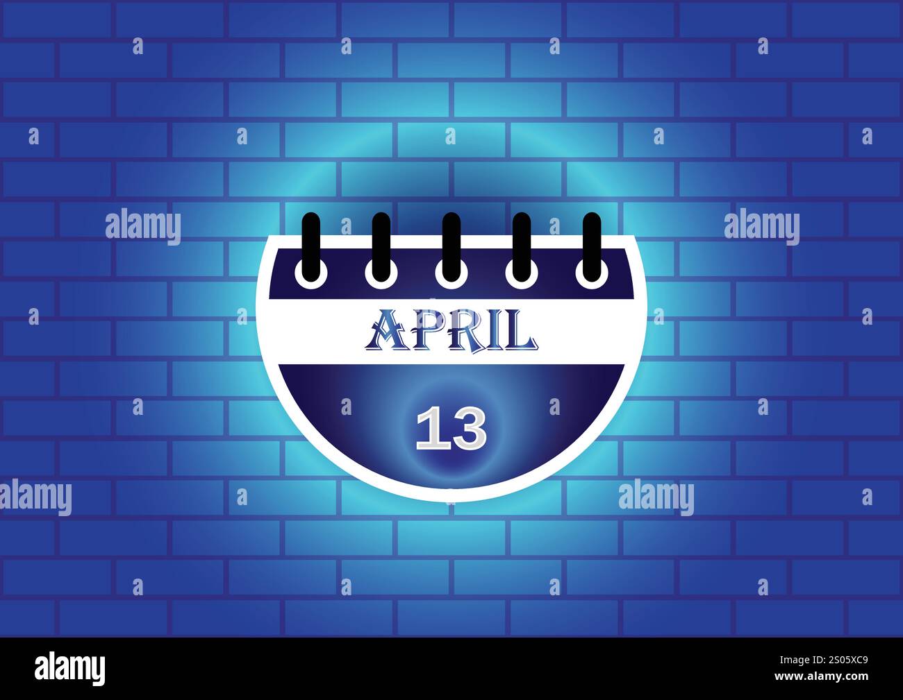 April 13 calendar sign on blue neon brick wall background. Flat design ...