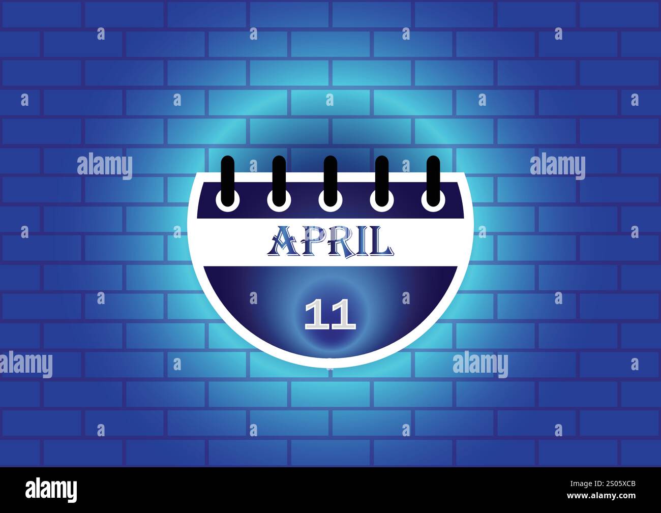 April 11 calendar sign on blue neon brick wall background. Flat design ...