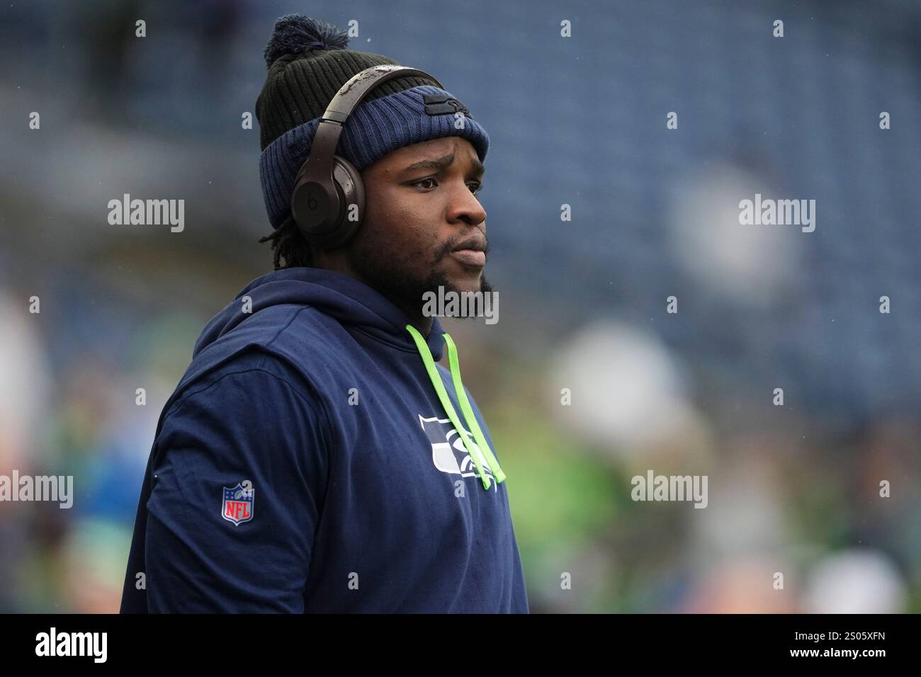 Seattle Seahawks linebacker Boye Mafe before an NFL football game ...
