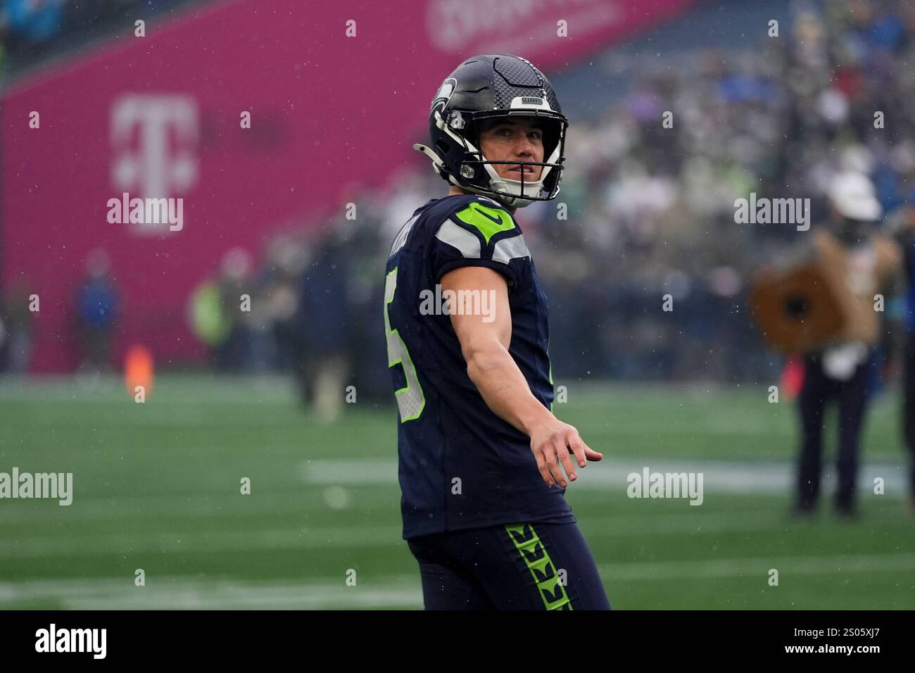 Seattle Seahawks place-kicker Jason Myers looks on before an NFL ...