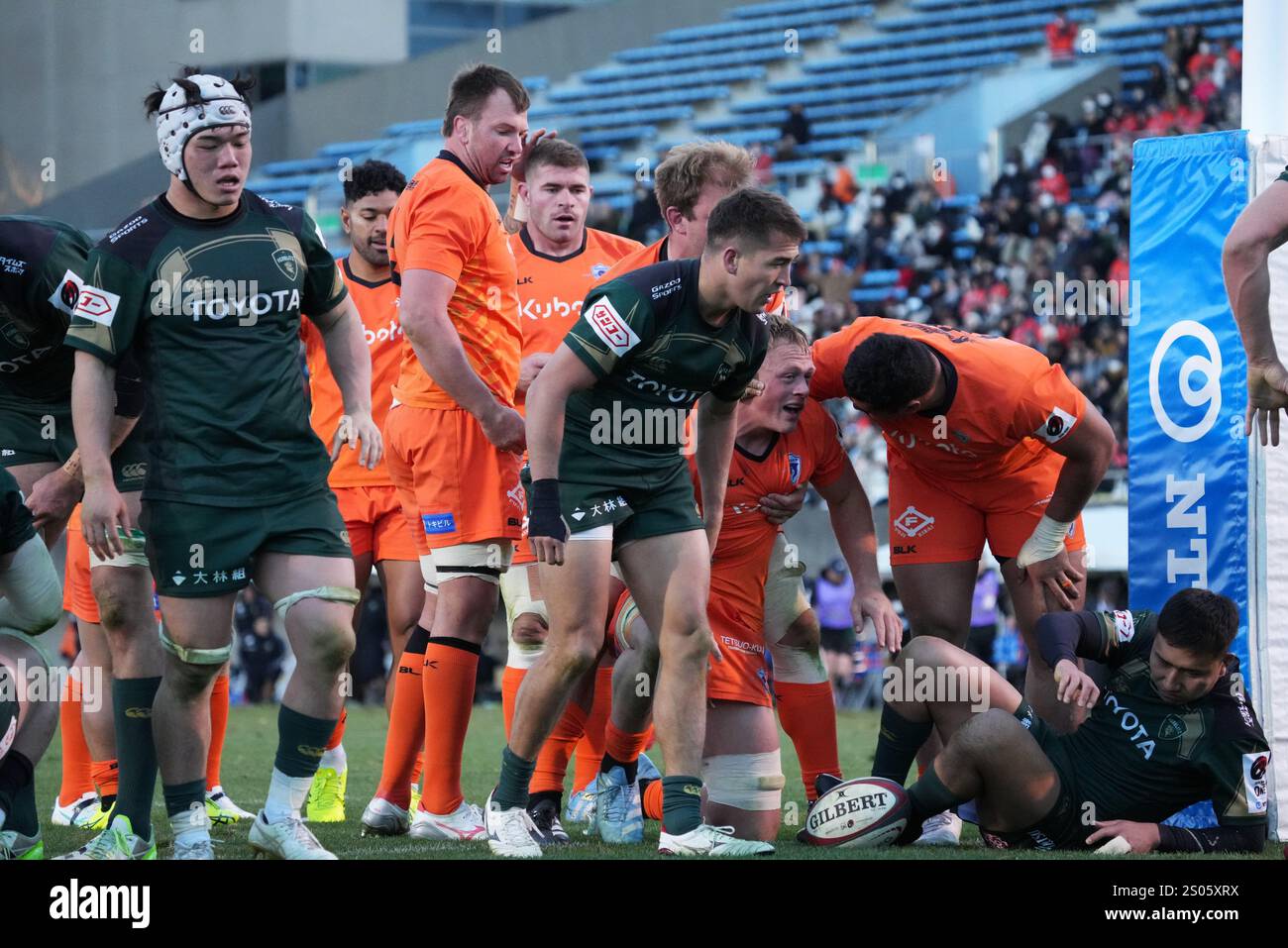 Spears' Merwe Olivier celebrates scoring their team fifth try during ...