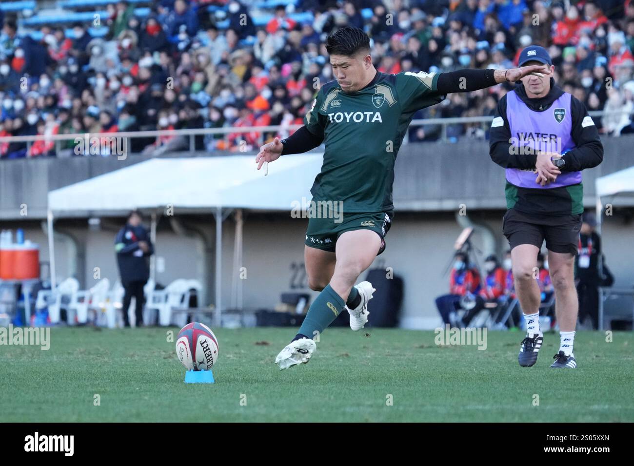 Verblitz's Rikiya Matsuda kicks a conversion during the 2024-25 Japan ...