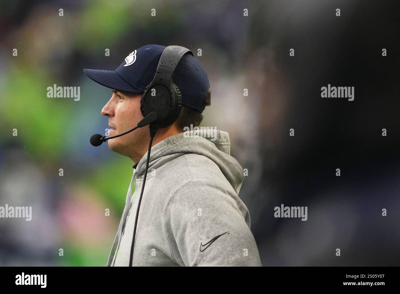 Seattle Seahawks head coach Mike Macdonald looks to the field from the ...