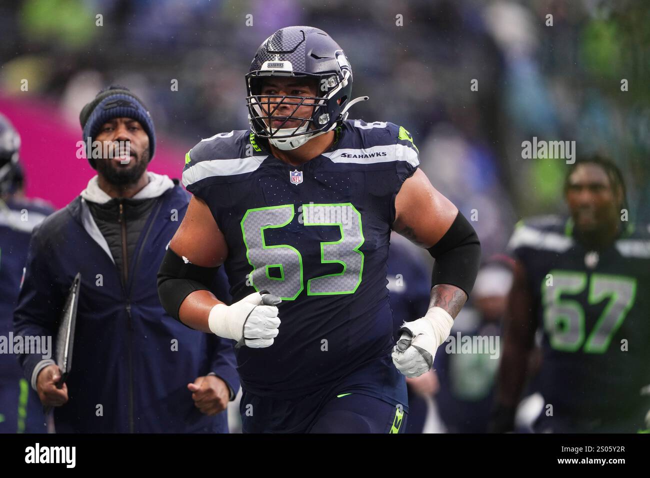 Seattle Seahawks offensive tackle Sataoa Laumea runs off the field ...