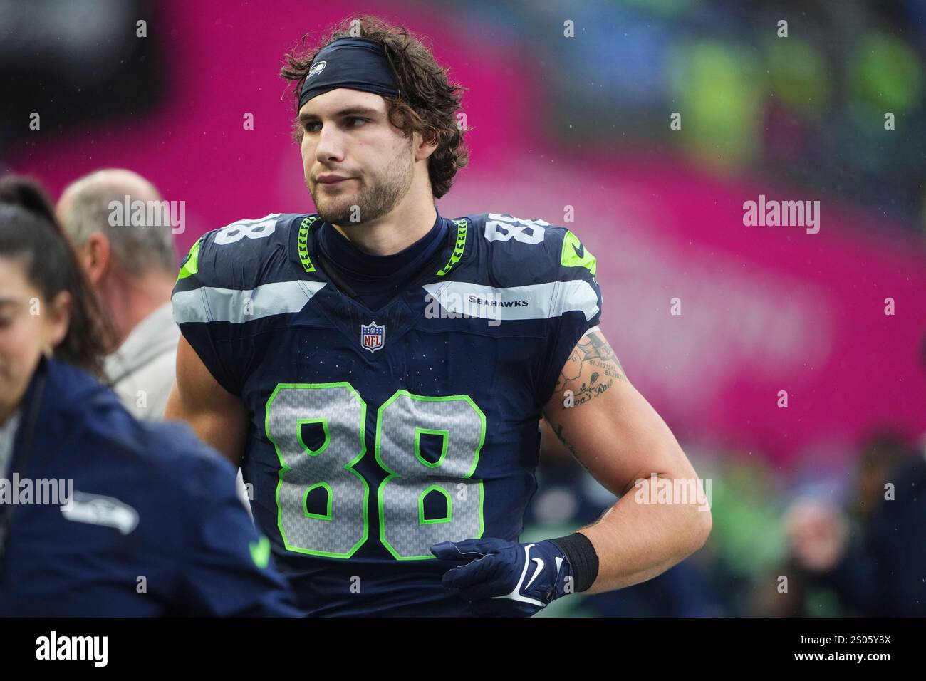 Seattle Seahawks tight end AJ Barner walks off the field during ...
