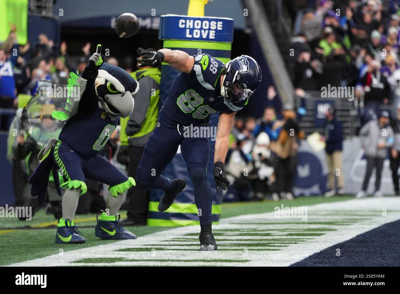 Seattle Seahawks tight end AJ Barner reacts to scoring a touchdown ...