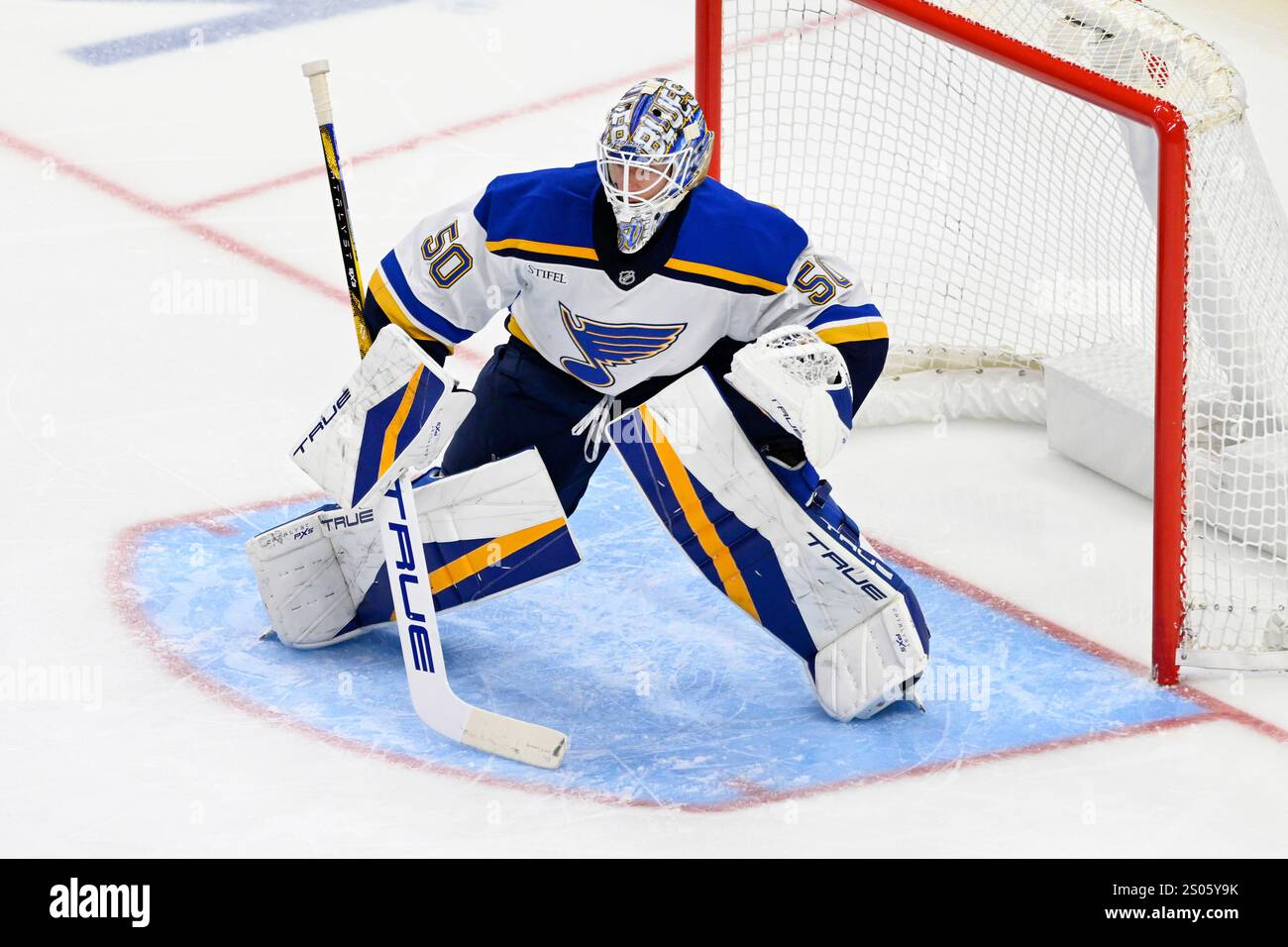 St. Louis Blues goaltender Jordan Binnington watches during the second ...