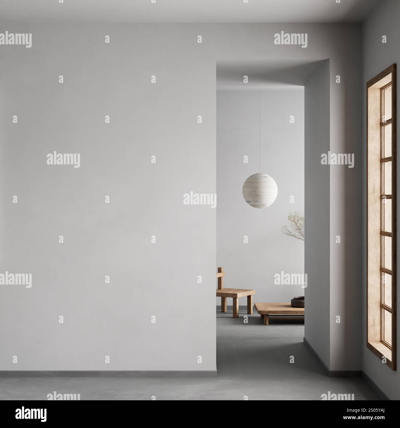 Japanese style interior design with wooden furnitures and raw materials ...