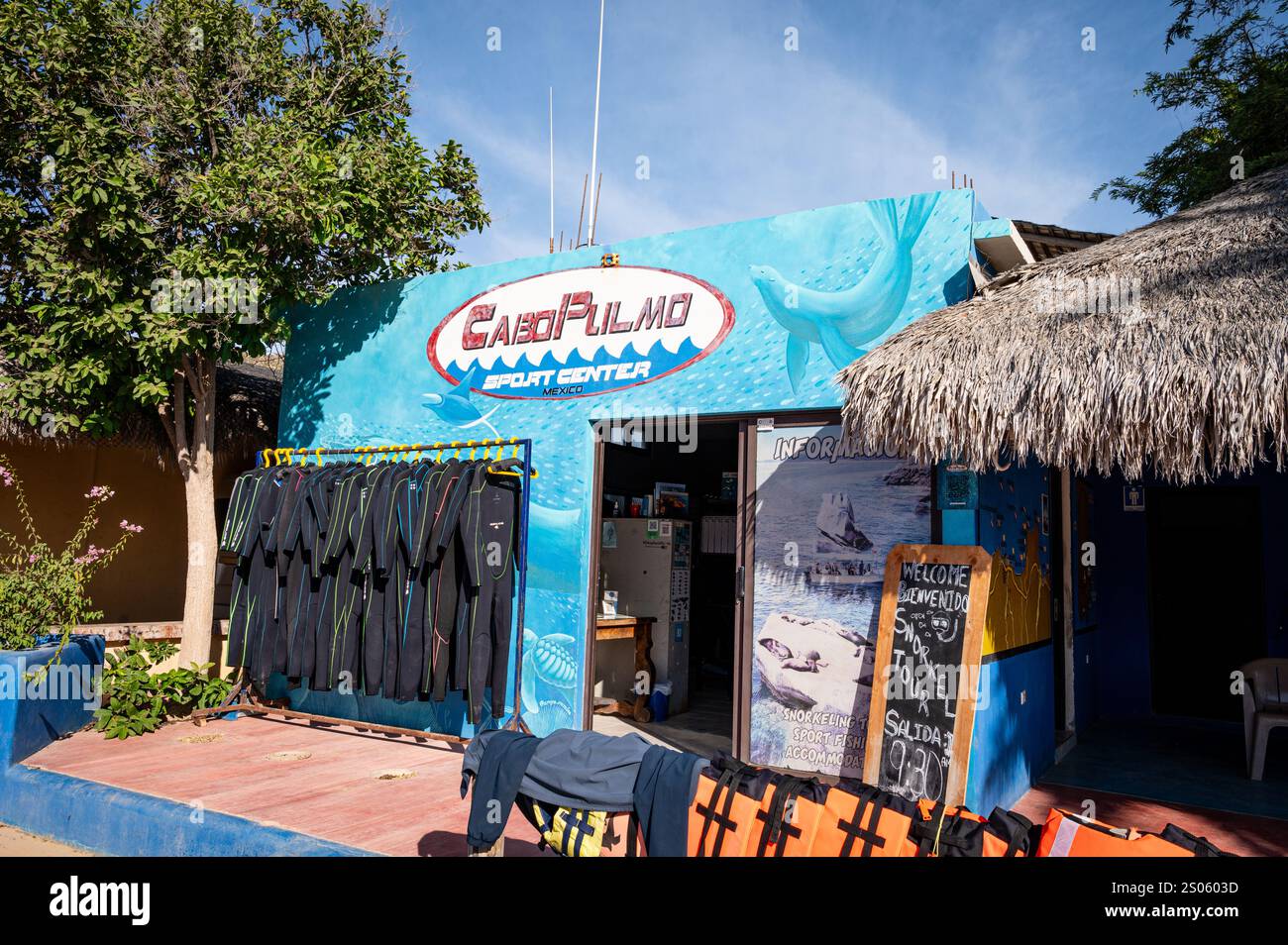 Photo of the entrance to the colorful Cabo Pulmo Sport Center, which ...