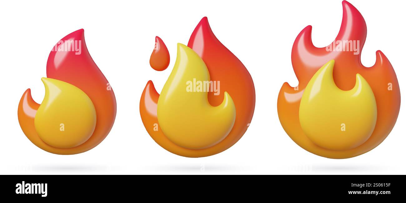Burning fire and flame cute 3d vector icons set isolated on white ...