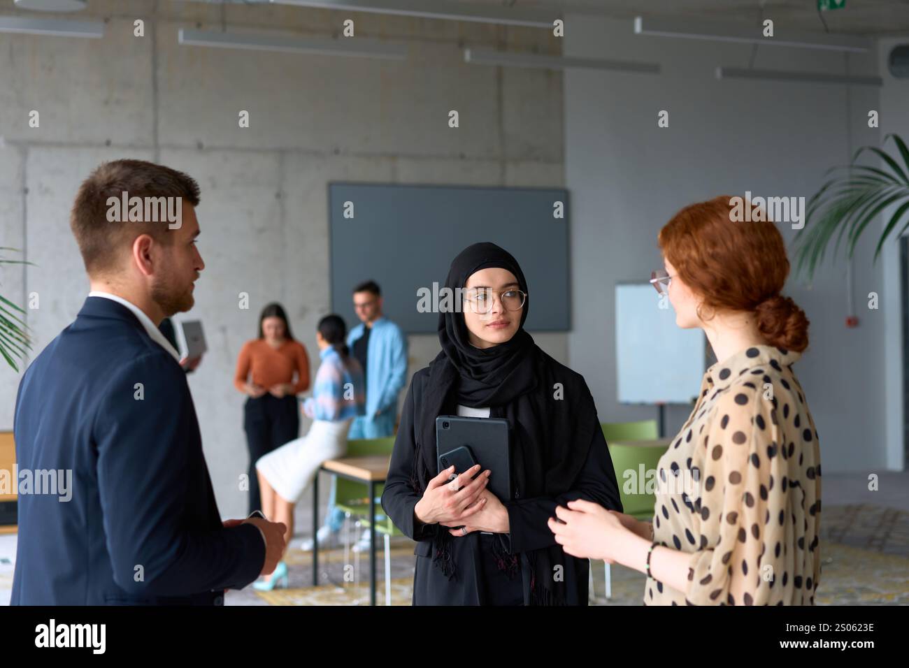 A diverse group of business professionals engages in a conversation ...