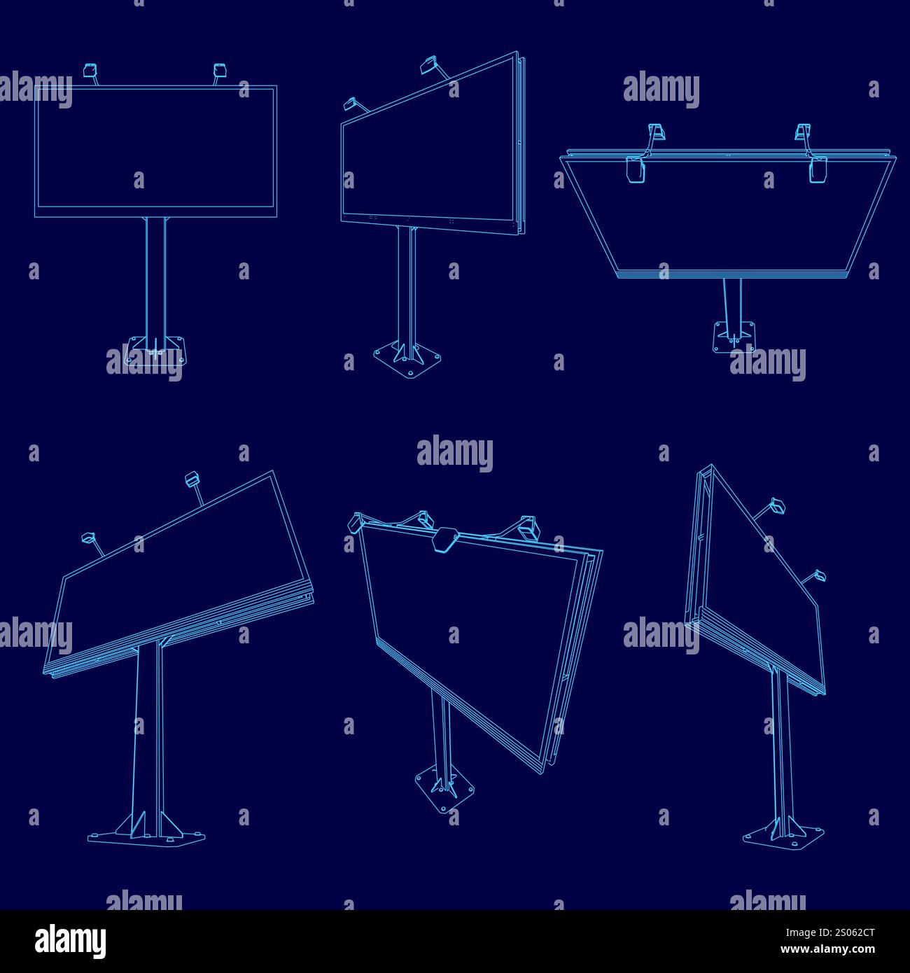 Series of blue drawings of a billboard. The billboard is shown in ...