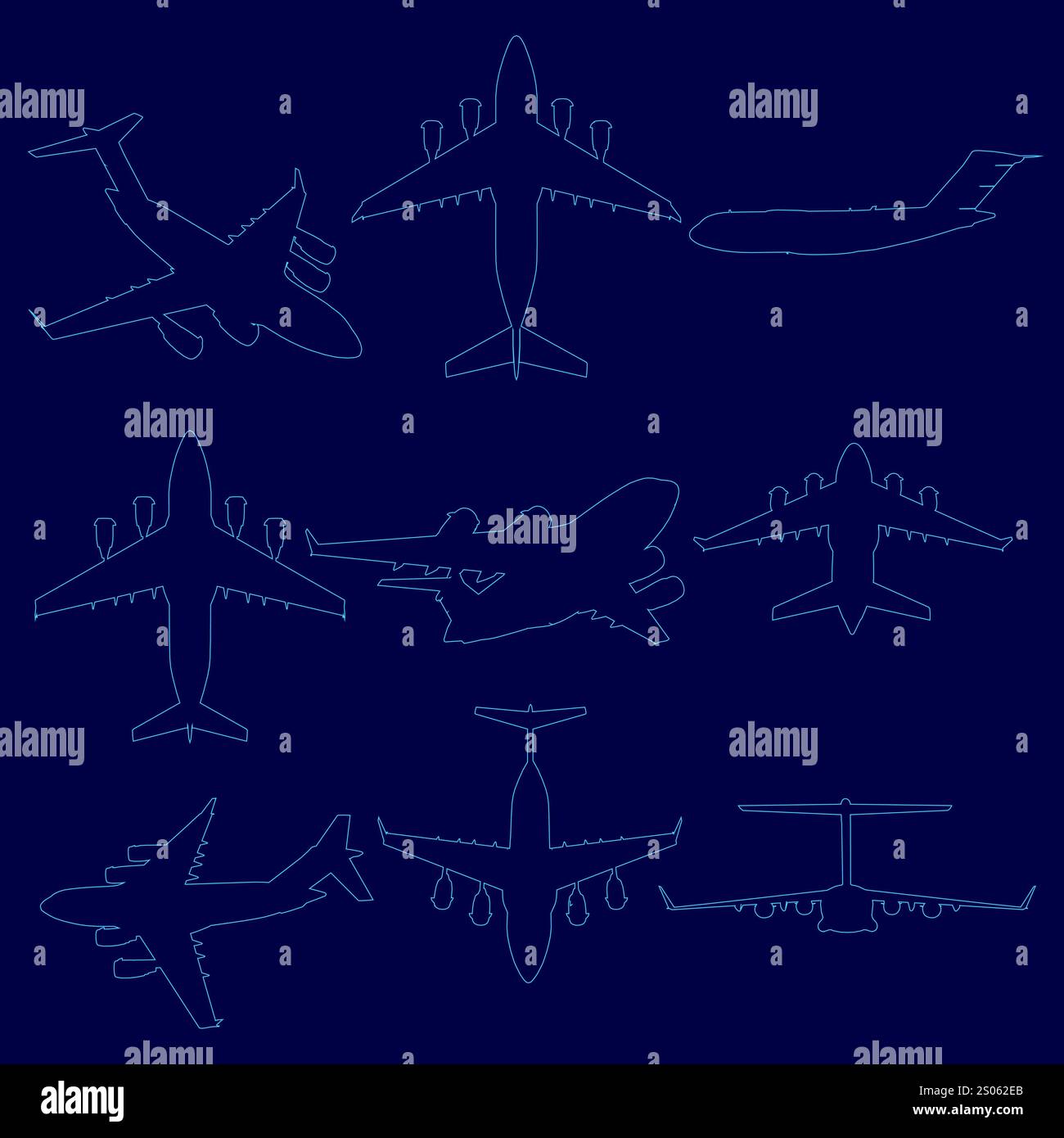Series of airplane drawings are shown in blue. The drawings are ...