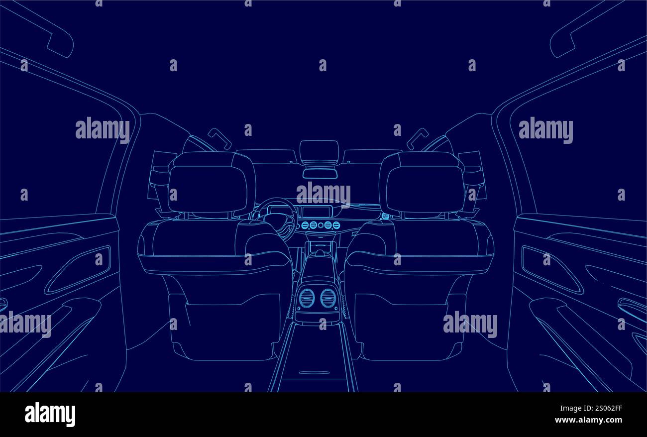 Blue car interior with a blue dashboard and a blue steering wheel. The ...