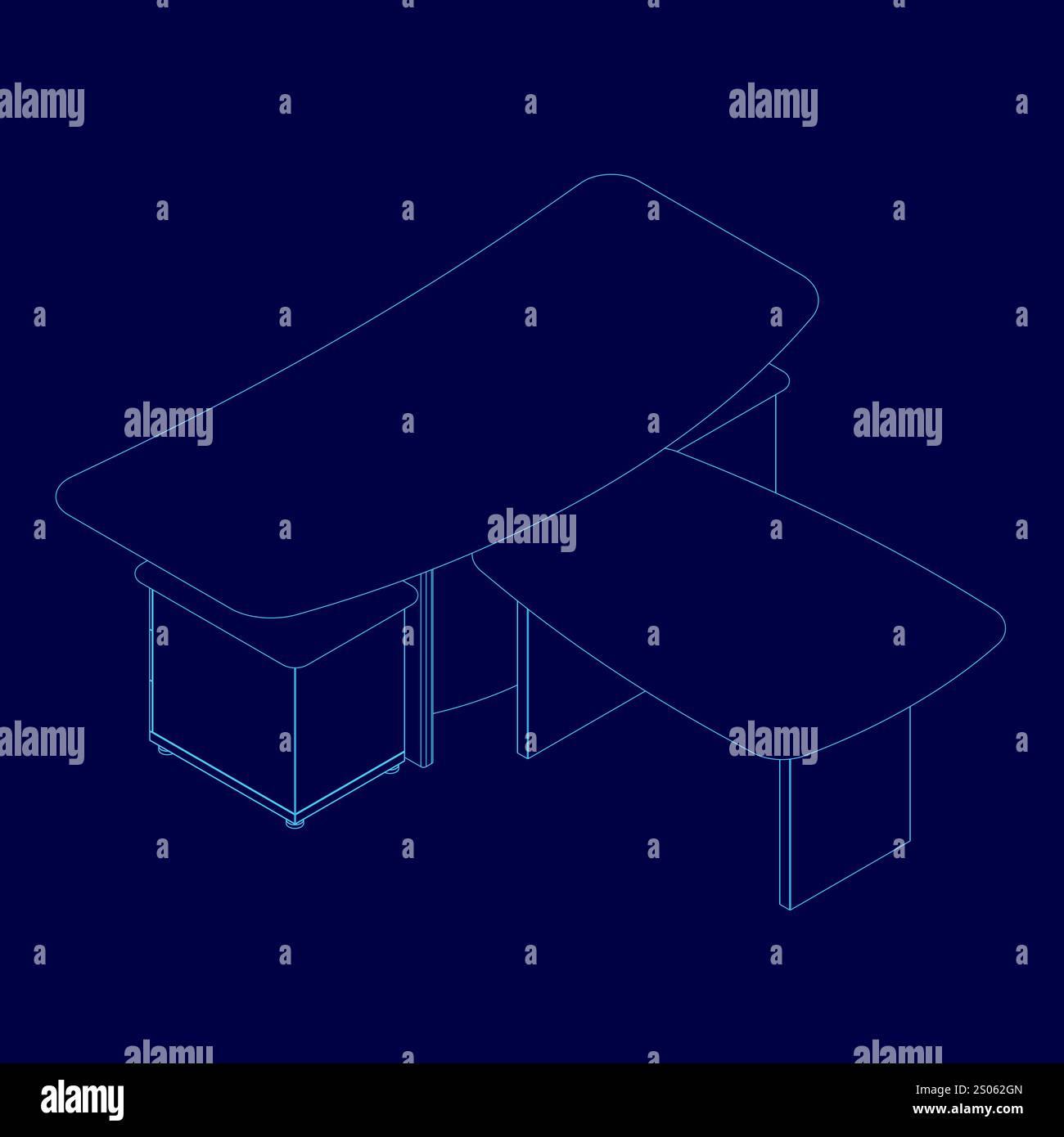 Blue drawing of a desk and table with a blue border. The desk is ...