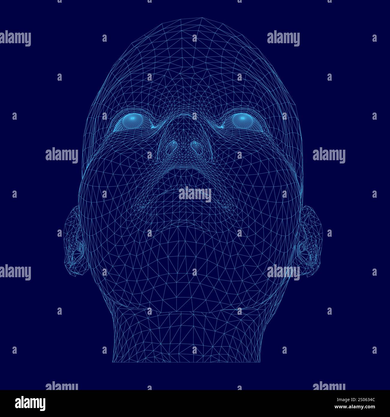 Blue head with a face made of lines. The head is in the middle of the ...