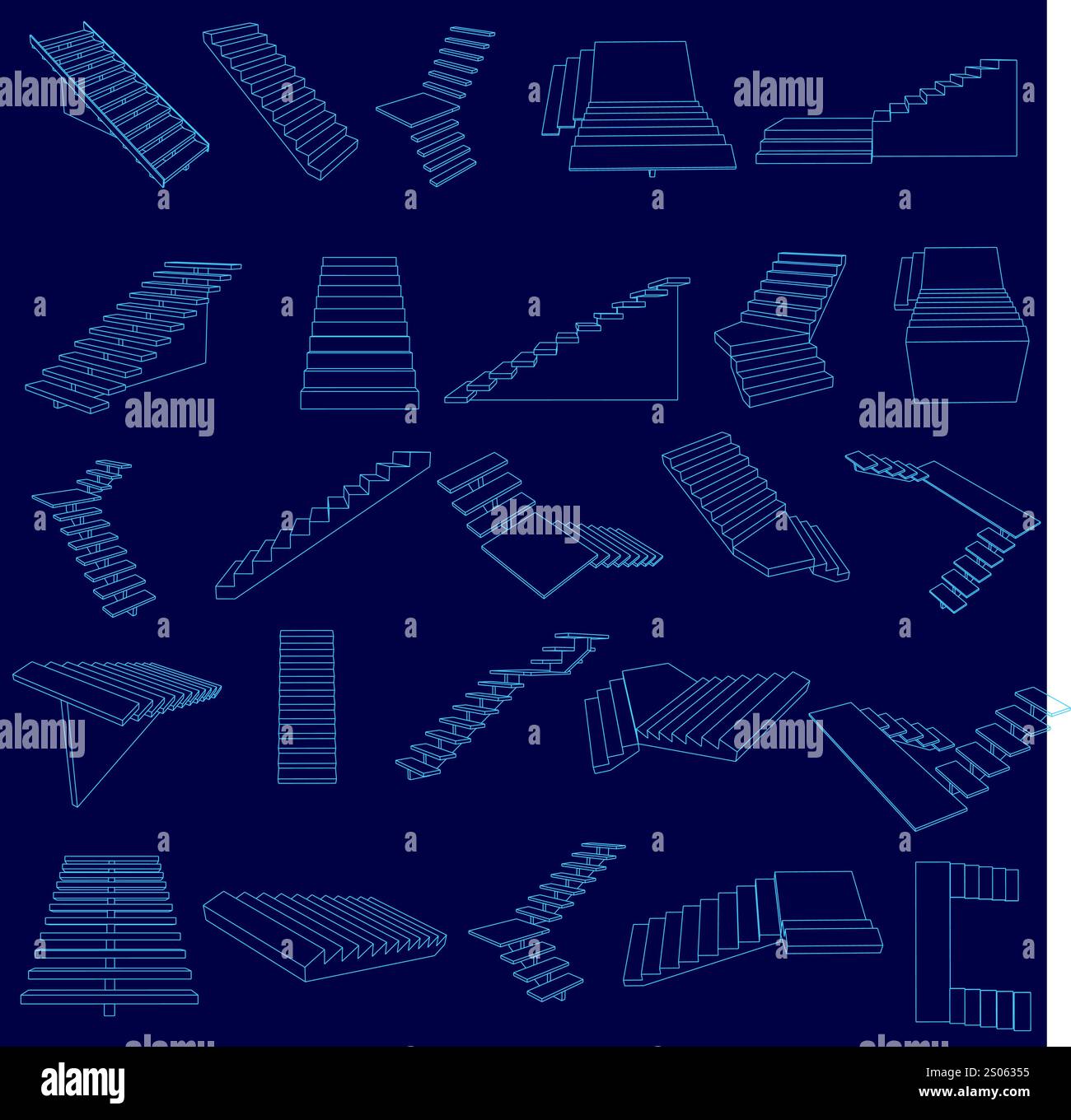 Blue background with many different stair designs. The stair designs ...